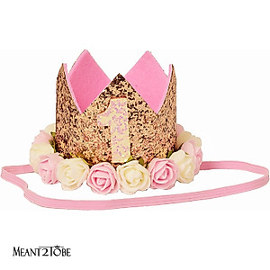 FIRST BIRTHDAY DECORATION SET FOR GIRL- 1st Baby GIRL Birthday Party, Stars Paper Garland, Gold Cake Topper "One", Pink Banner, Pink Fiesta Hanging Paper Fan Flower, Pink Baby Hat (Pink)