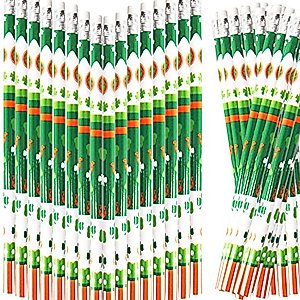 FANCY LAND St. Patrick's Day Pencils 50PCS Wooden Shamrock Pencil Eraser Green Irish Award for Kids Party Supply