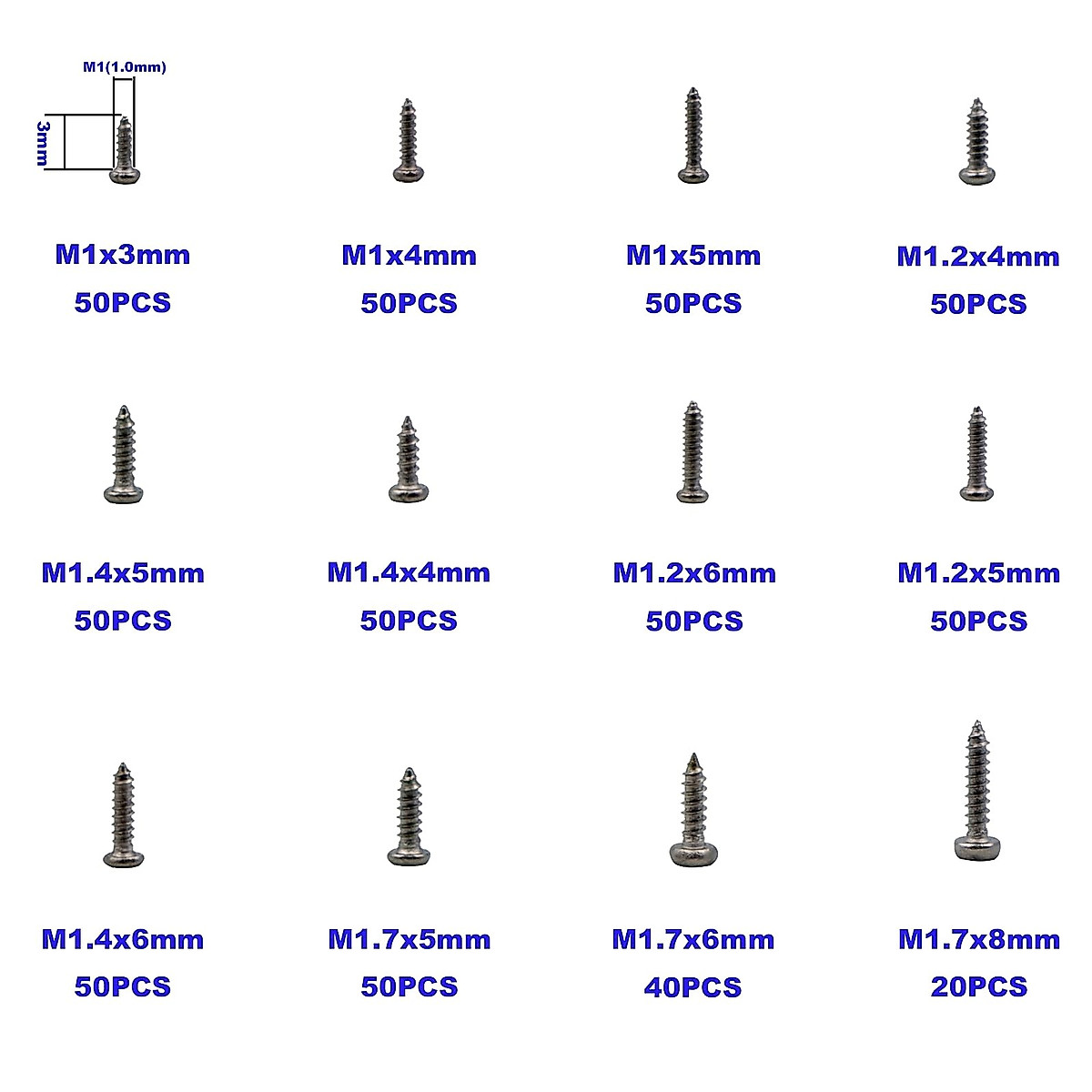 HVAZI 12 Kinds M1 M1.2 M1.4 M1.7 304 Stainless Steel Phillips Rounded Head Small Self Tapping Screws Assortment Kit