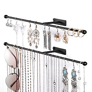 Josmimic Wall Hanging Jewelry Organizer: 13.7'' Necklace Holder for Earring, Bracelet, Rings, Hairband, Glasses, Black 2-Pack, Screws Included