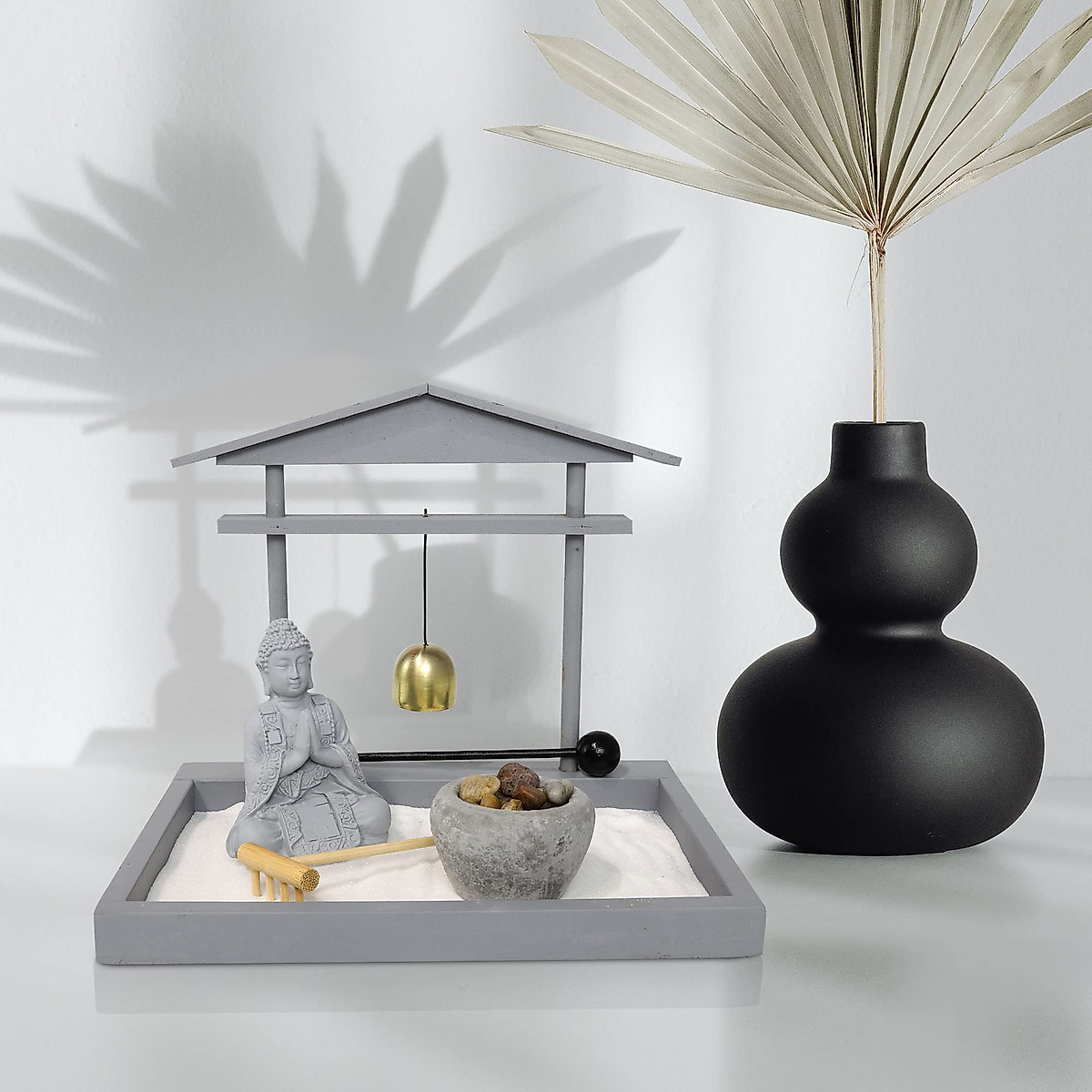 Gray Japanese Zen Garden Sand Box with Miniature Gold Bell Design - Mini Buddha Statue in Sand - Perfect Meditation Gifts for Relaxation and Mindfulness - Perfect Home and Office Decor