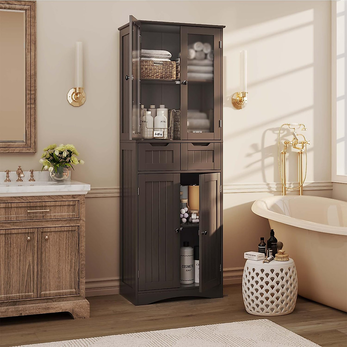Gizoon 67" Tall Storage Cabinet, Freestanding Kitchen Pantry Cabinet with Glass Door & 2 Shelves & 2 Drawers, Stylish Linen Storage Cabinet for Home, Bathroom, Living Room, Office, Dark Brown