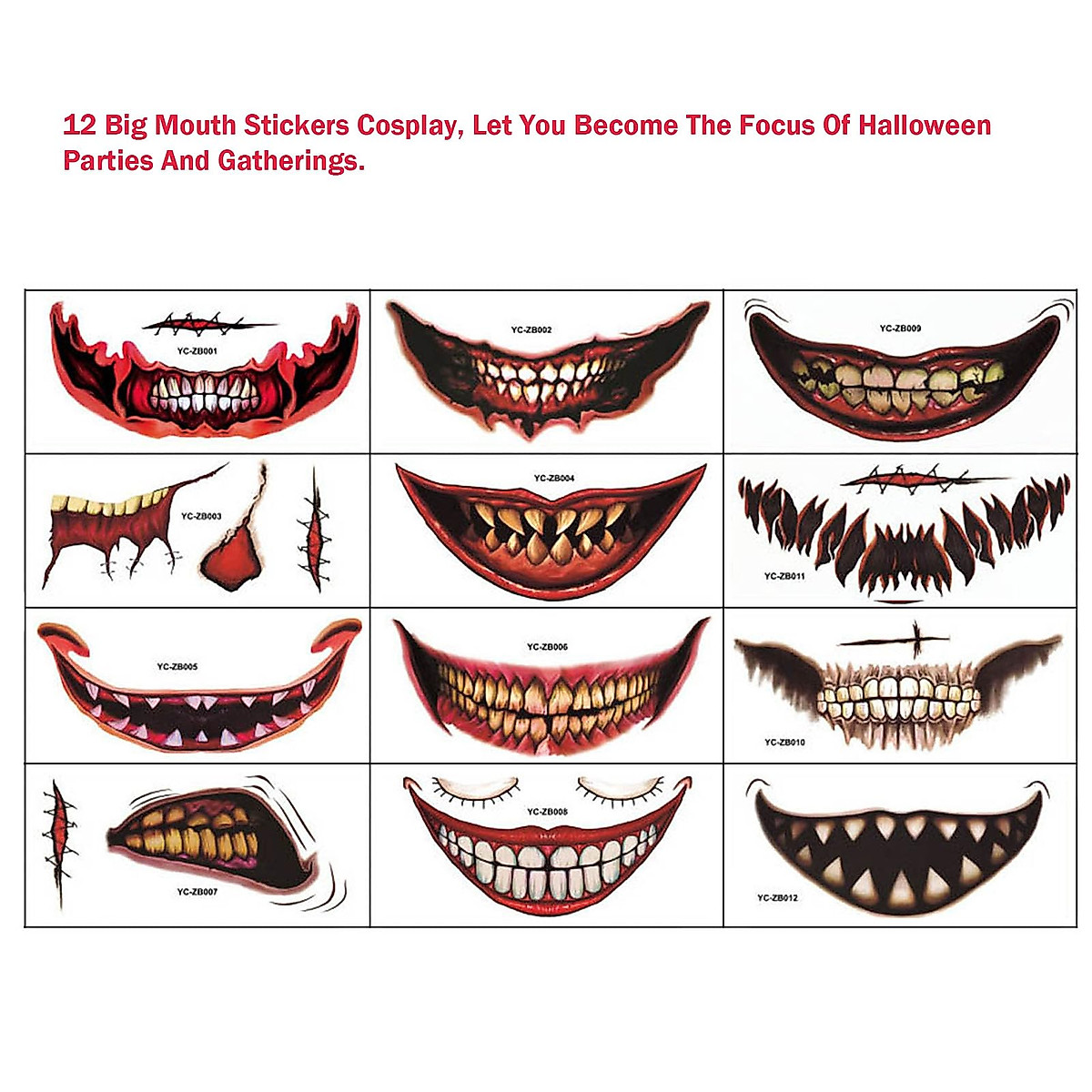 26pcs Halloween Face Big Mouth Fake Tattoos for Adults, Scary Prank Makeup Joker Temporary Tattoo Kit Women, Halloween Horror Clown Fake Face Stickers Kids (Big Face)