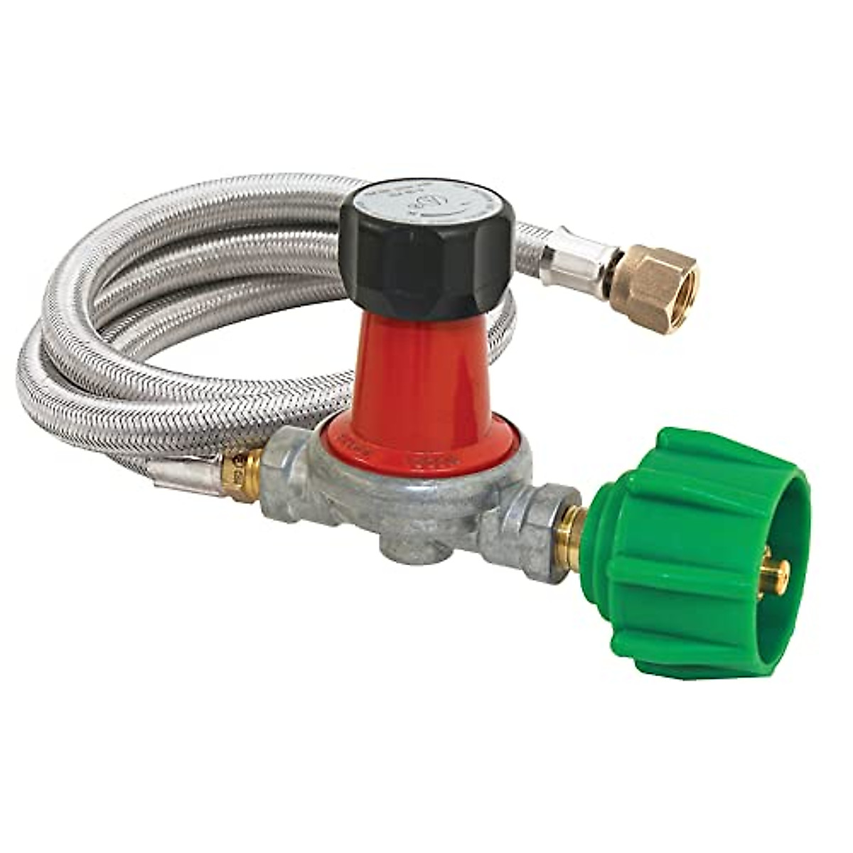 Bayou Classic M5HPR-30 48-in Stainless Braided LPG Hose w/ 0-30-psi Adjustable High Pressure Regulator Features 3/8-in Flare Swivel Fitting Designed For Bayou Classic Banjo Cookers & Jet Cookers