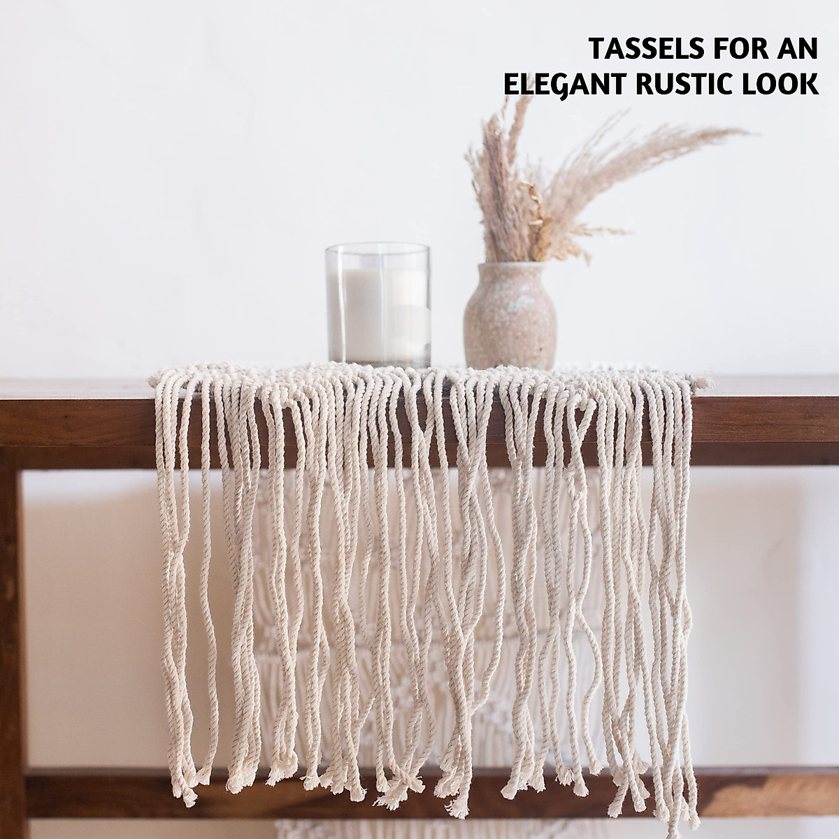 Folkulture Macrame Table Runner 13 x 100 Inches for Farmhouse, Boho Table Runner for Bohemian Rustic Wedding Dining Table, 100% Cotton, White Table Runner, Off White