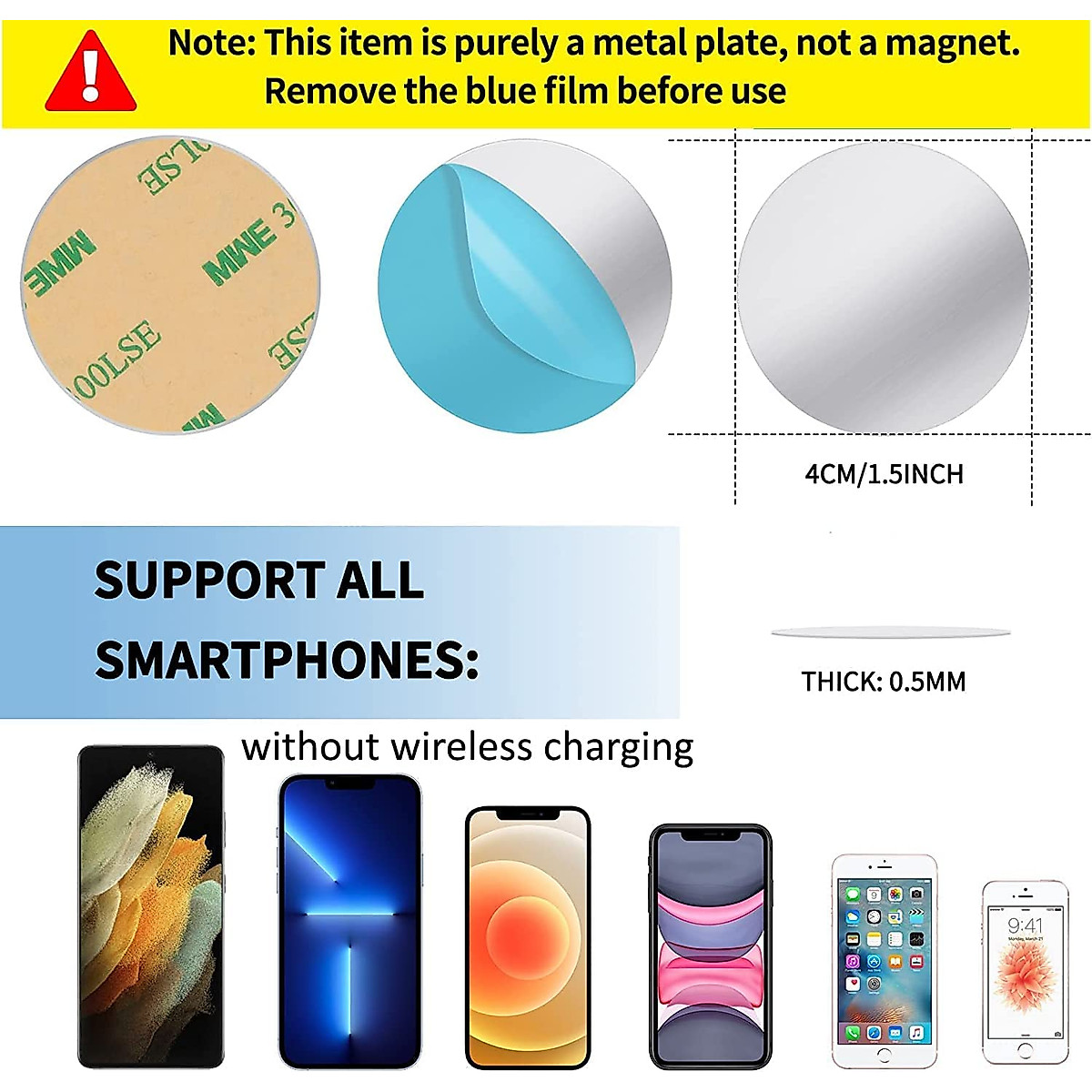 SALEX Phone Metal Stickers for Magnetic Mount. Replacement Set of 16 Magnet Metal Plates Inside Cell Phone Case. Silver Car Sticky Small Round Iron Discs with 3M Adhesive Backing for Holder, Crafts.