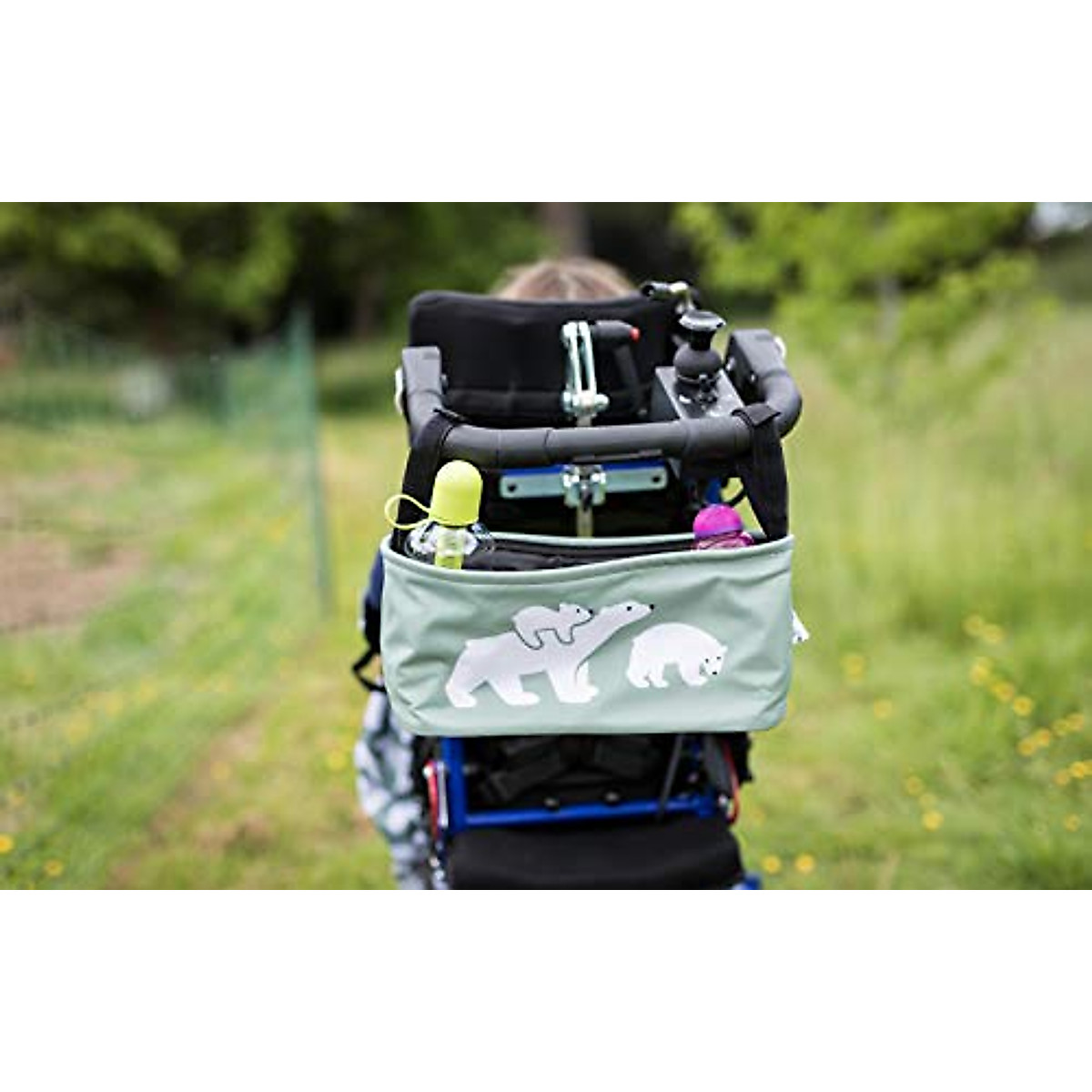 Wheelchair Organizer - Fits Handles of Any Wheelchair, Special Needs Buggy, Rollator or Mobility Scooter – Wheelchair Cup Holder – Cell Phone Pocket - Lots of Storage (Gray-Green Polar Bear)