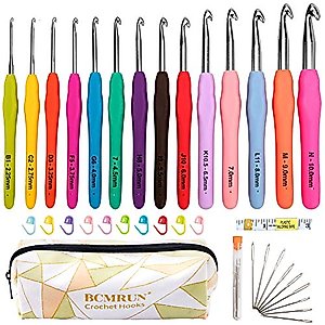 BCMRUN Crochet Hooks Set,14 PCS 2mm(B)-10mm(N) Ergonomic Soft Grip Handles Yarn Knitting Needles Kit with Case for Arthritic Hands, Extra Long  Knit Needles, Best Gift for Women