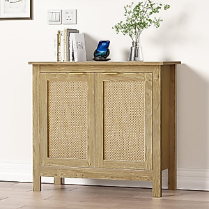 Giluta Sideboard Buffet Cabinet, Farmhouse Kitchen Cabinets with 2 Rattan Doors, 30''H Boho Cabinet for Entryway