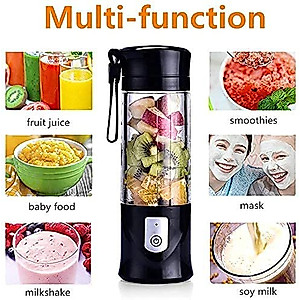 Portable Blender, Mini USB Blender for Shakes and Smoothies, 13.5 Oz Juicer Cup Rechargeable Type-C Personal Blender with Ultra Sharp Six Blades, Multifunctional and BPA Free Blender Bottle–Ideal for Traveling, Gym, Office-Black