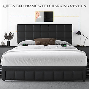 Queen Bed Frame with Storage, Upholstered Bed Frame with 4 Drawers, Adjustable Headboard, Type-C & USB Ports, Wooden Slats, Noise-Free, No Box Spring Needed Easy Assembly Bed Frame with Drawers
