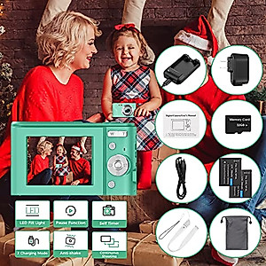 RUAHETIL Digital Camera, Autofocus FHD 1080P 48MP Kids Vlogging Camera with 32GB Memory Card, 2 Charging Modes 16X Zoom Compact Camera Point and Shoot Camera for Kids Teens (Green)