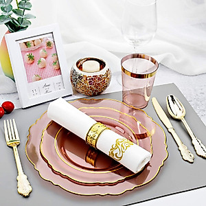 KIRE 210Pcs Clear Pink Plastic Plates with Gold Rim& Disposable Gold Plastic Silverware &Pink Cups&Hand Napkin- Plum Colored Plastic Dinnerware for Upscale Wedding & Mothers Day & Easter