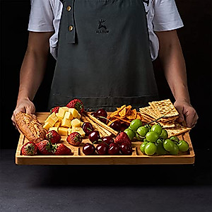 Large Bamboo Wood Cutting Board for Kitchen, Cheese Charcuterie Board with 3 Built-in Compartments and Juice Grooves, Butcher Block (17x12.6")