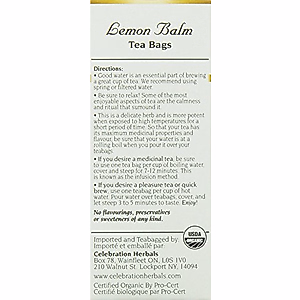 Celebration Herbals Organic Lemon Balm Tea Bags, 24 Count