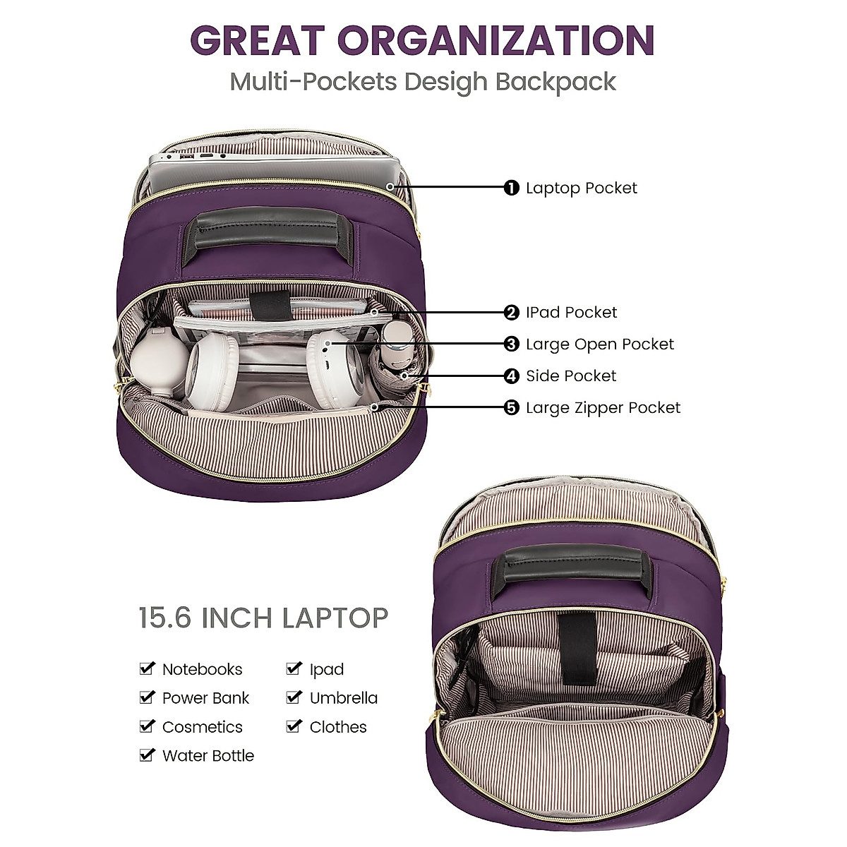 LOVEVOOK Laptop Backpack Purse for Women, Work Travel Computer Bags, College School Backpack for Student Girl, Quilted Casual Daypack with USB Port, Fit 15.6 Inch Laptop, Deep Plum