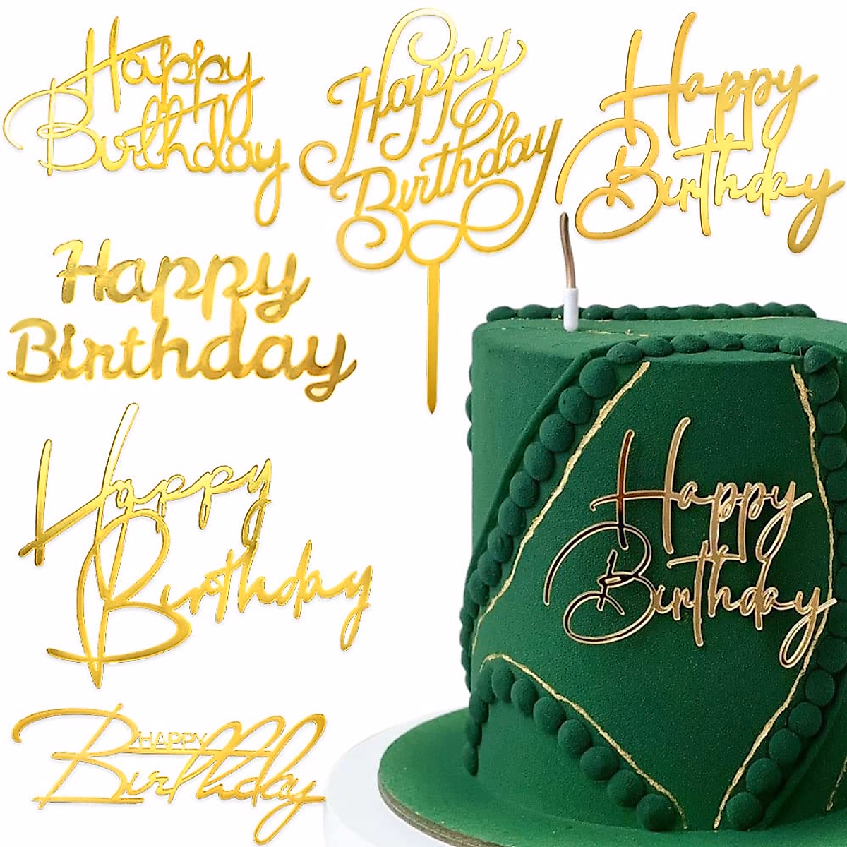 Happy Birthday Cake Toppers Mirror Acrylic Cake Topper Side Cake Decorations Gold Cake Inserts Cake Decorating Supplies Cupcake Toppers for Kids Birthday Cake Decor Birthday Party Decorations,6pcs