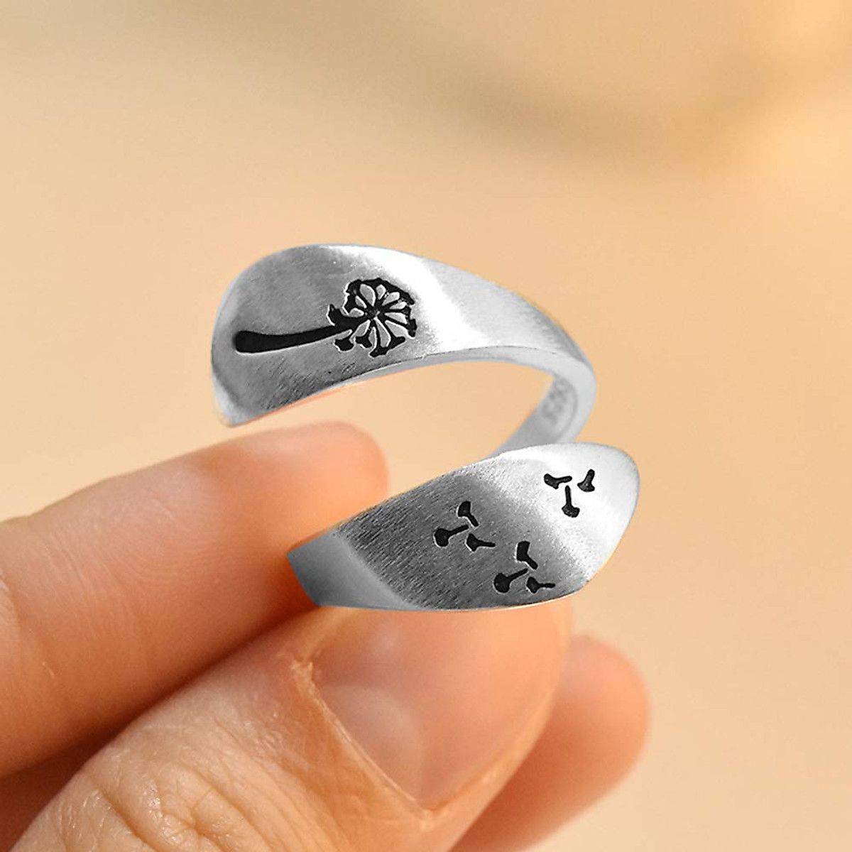 Dandelion and Seeds Flower Wrap Rings for Women Finger Band Statement Vintage Silver Plated Middle Tail Ring Wide Hypoallergenic Expandable Adjustable Cute Engagement Promise Dainty Mother Gifts Birthday