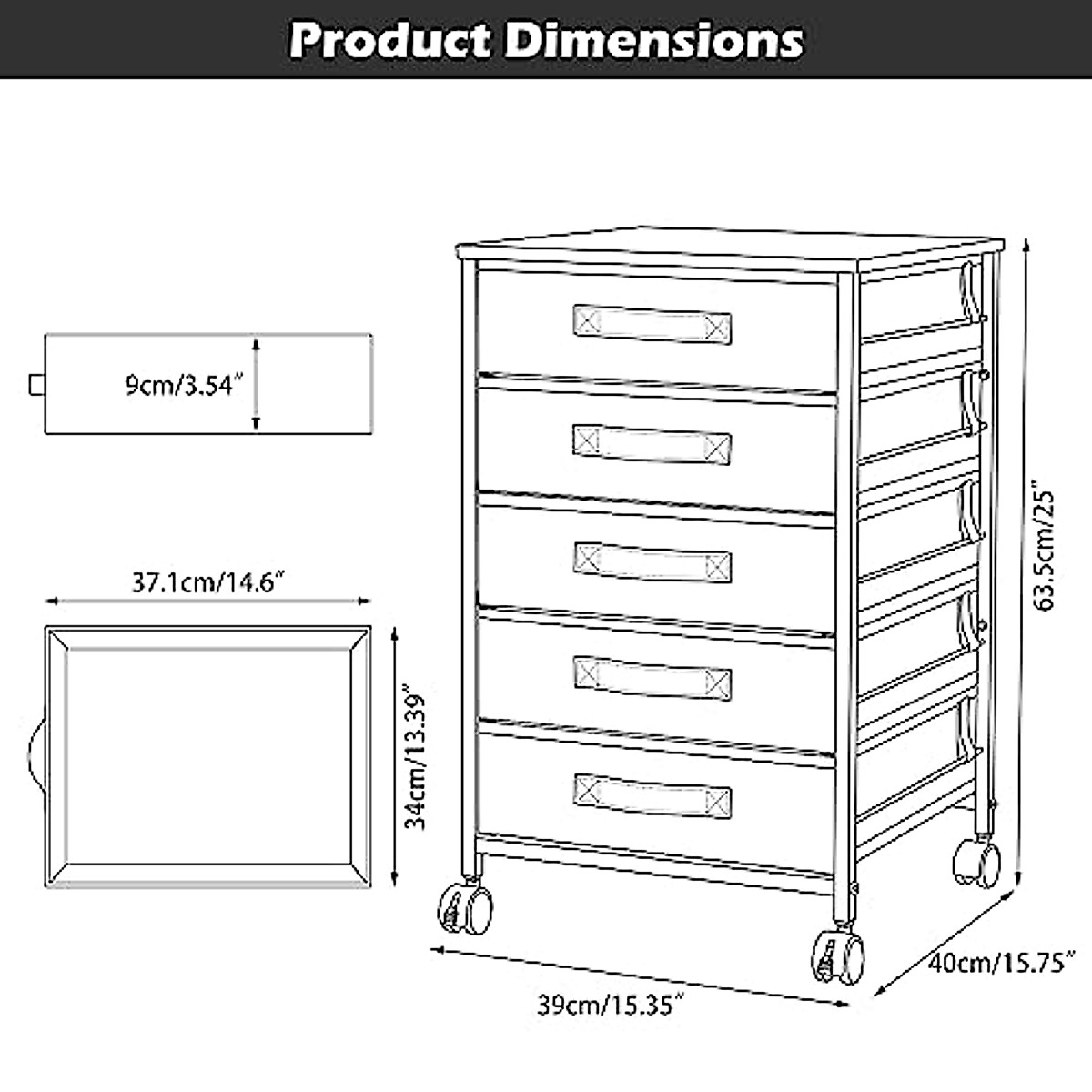 TOPSKY Mobile Cabinet, Fabric Storage Tower with Anti-Drop Drawers for Home Office (Black, 5 Drawers)