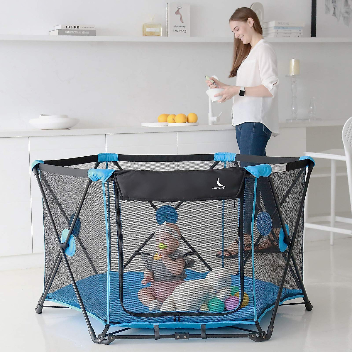 LuckyDove Portable Playpen for Innfants and Toddlers,Portable Play Yard for Baby with Padded Floor,Kids Activity Centre,Baby PlayPen with Carrying Bag,Washable,Foldable.Size:53"Wx 30"H(Blue)