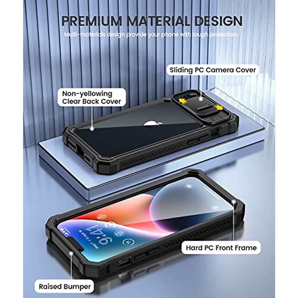 Caka for iPhone 14 Case, iPhone 13 Case with Screen Protector & Slide Camera Cover Heavy Duty Shockproof Phone Case for iPhone 13 iPhone 14 6.1 inches, Black