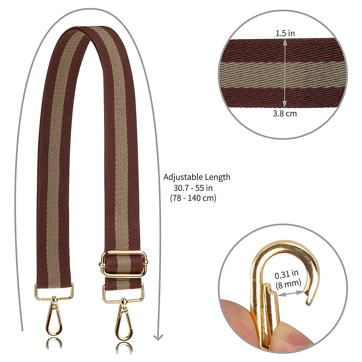 Allzedream Purse Strap Replacement Crossbody Handbag Stripe Wide Adjustable (Chestnut)