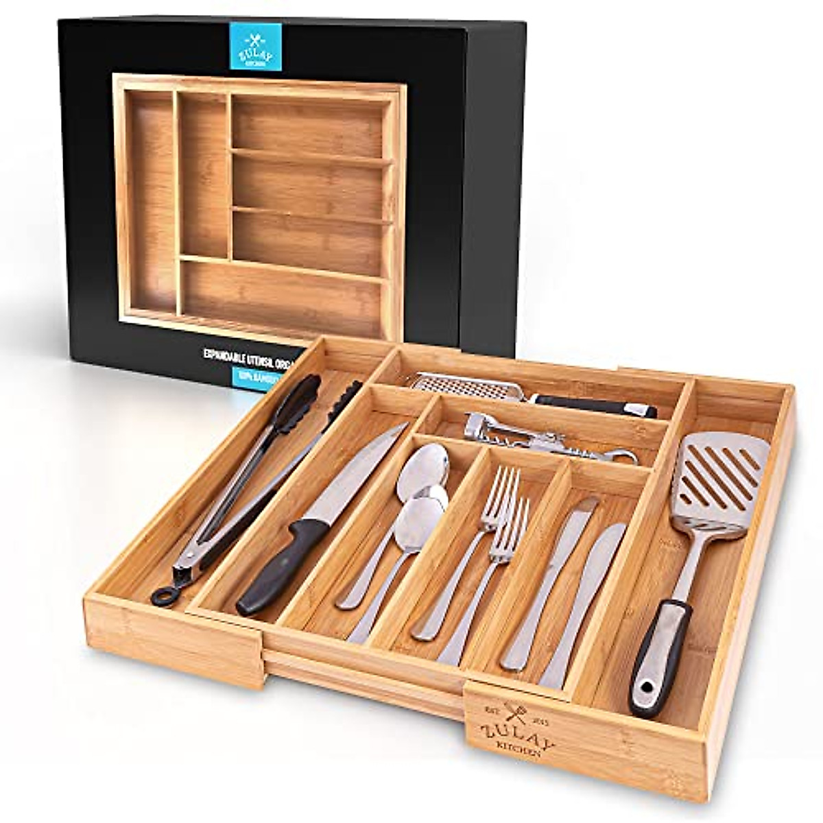 Zulay Expandable Bamboo Drawer Organizer - Adjustable Kitchen Drawer Organizer - Perfect Utensil Organizer For Silverware, Kitchen Knives, Flatware, and More