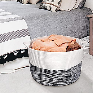 Annecy XXLarge Cotton Rope Basket, 21x13 Inches Blanket Basket Living Room, Woven Baby Laundry Basket with Handle for Toy, Towels, Pillows, Decorative Basket for Blankets, White & Blue