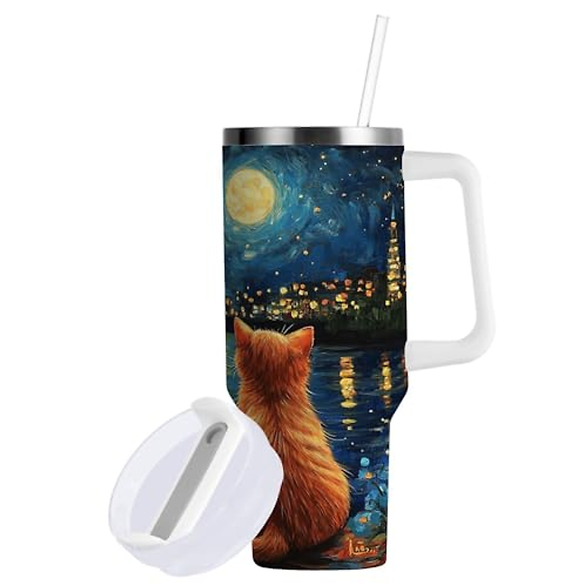RPLIFE Cute Orange Cat Starry Night 40 Oz Tumbler with Handle, 30 Oz Tumbler, Coffee Tumbler for Women