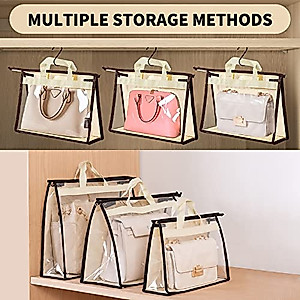 Handbag Storage Organizer 2 Pack, Clear Purse Storage Organizer for Closet, Clear Dust Bags for Handbags, Purse Cover Hanging Closet Organizer with Zipper, Handles and Purse Hook- L, Cream
