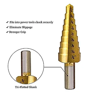 Saiper Titanium Step Drill Bit 1/4" to 3/4" (9 Step Sizes) High Speed Steel Triangle Handle Step Drill Bits Drill Holes for Plastic, Aluminum, PV Plate