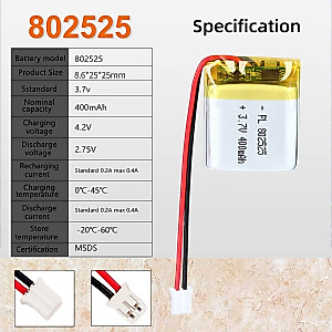 AKZYTUE 3.7V 400mAh 802525 Lipo battery Rechargeable Lithium Polymer ion Battery Pack with PH2.0mm JST Connector