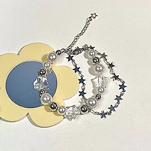 Fuqimanman2020 Y2k Star Silver Beaded Chain Charm Bracelet Aesthetic Grunge Gift for Women-A