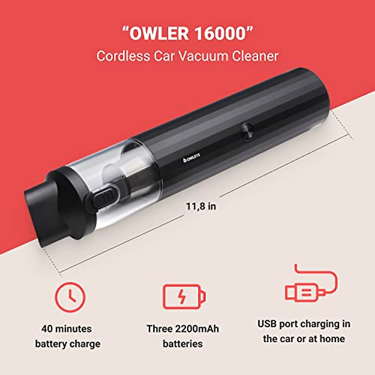 Owleys Cordless Car Vacuum Cleaner - 16000PA Powerful Suction - Rechargeable Vacuum Cleaner for Car - Handheld Vacuum Cleaner for a Vehicle - Portable High Power Vacuum for Home, Car