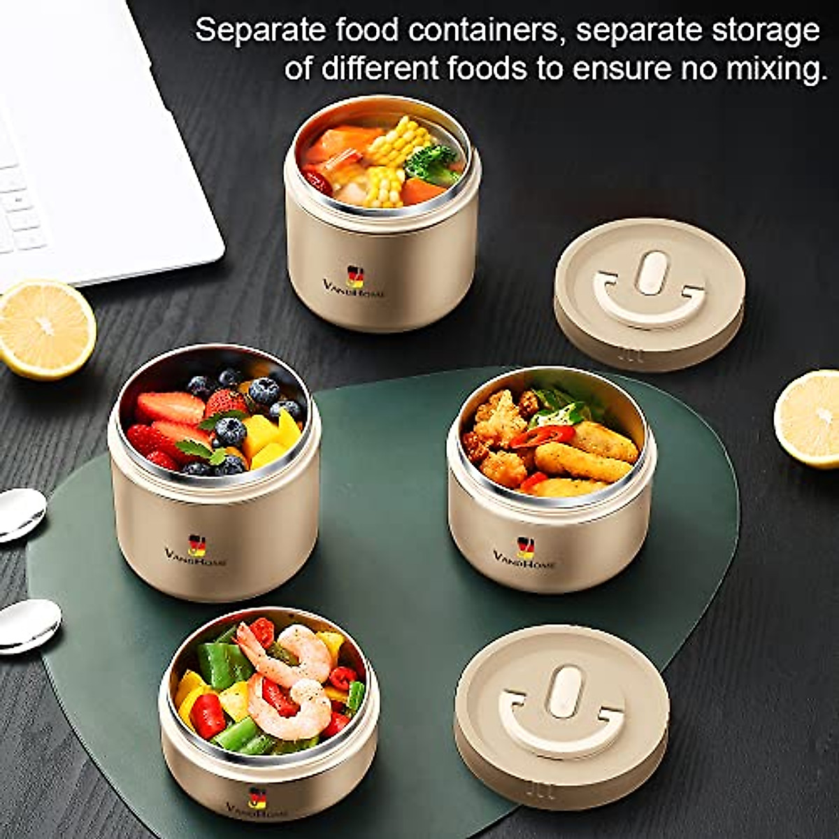 TiLeMiun Portable Insulated Lunch Containers Set, Microwave Safe Thermal Lunch Box For Kids & Aldults, 18/8 Stainless Steel Leakproof Food Container With Bag (Khaki 2Pcs 34oz)