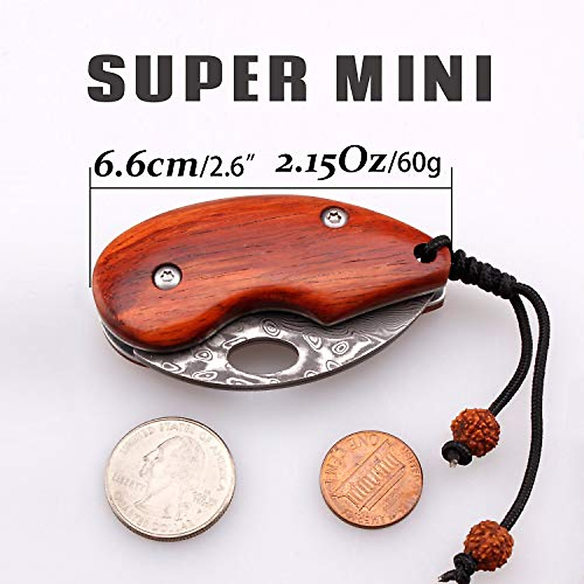 Samior Small Penguin Damascus Mini Karambit Folding Pocket Knife, 1.38" Claw VG10 Blade with Thumb Hole Open, Rosewood Handle with liner Lock and Lanyard Leather Sheath, 2.1oz