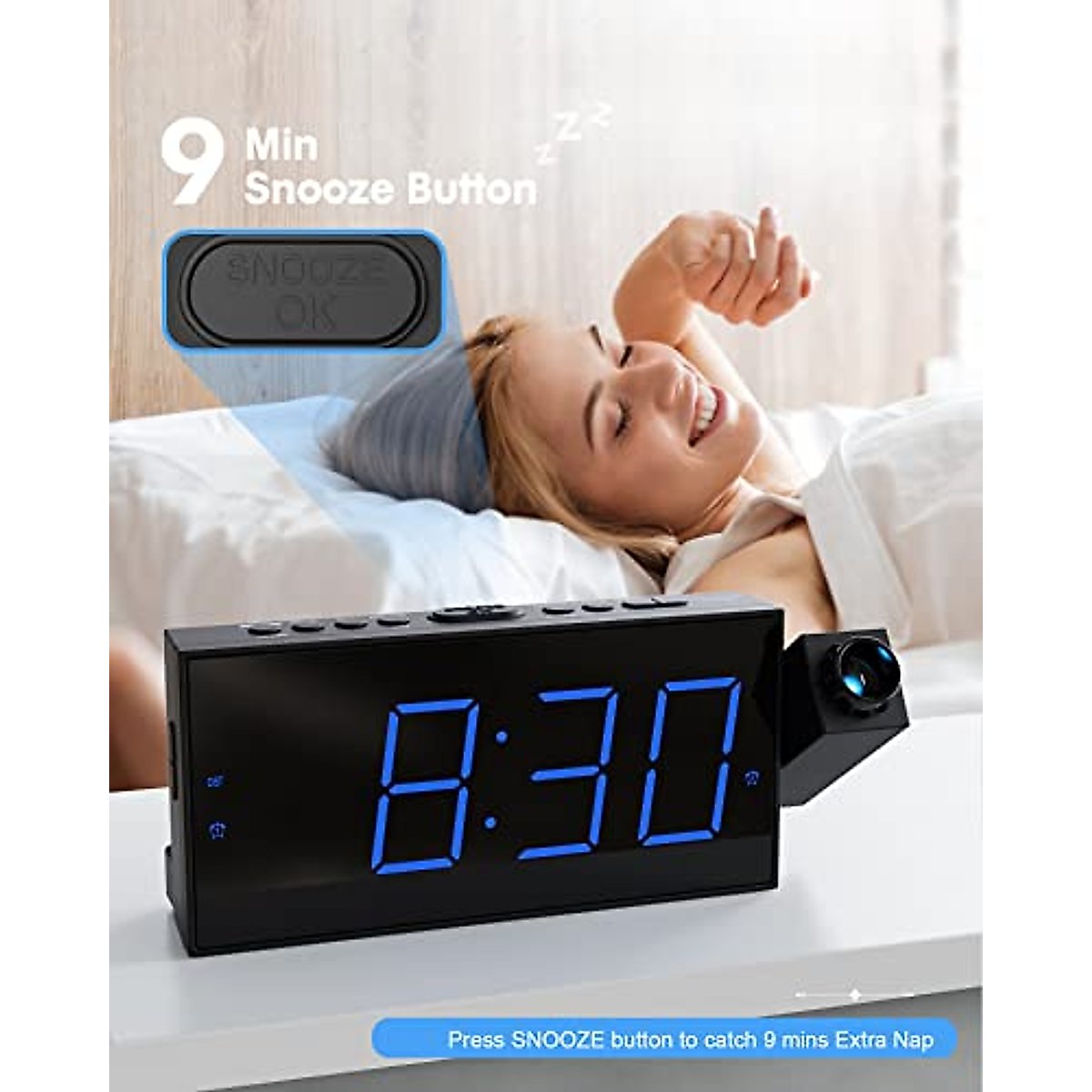 Digital Projection Alarm Clock for Bedroom, Large LED Alarm Clock with Projection on Ceiling Wall, 350°Projector,Dimmer,USB Charger, Battery Backup Loud Dual Alarm Clock for Heavy Sleeper Kids Elderly