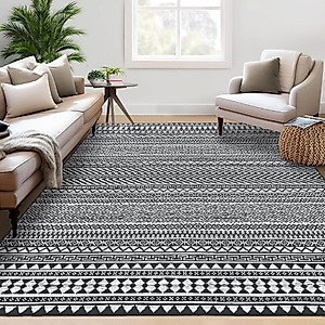 CAROMIO Washable Rug 8x10 Geometric Indoor Carpet Low Pile Non Slip Boho Farmhouse Rug Black Mororccan Throw Floor Cover Bohemian Rug for Living Room Bedroom Home Decor, Black