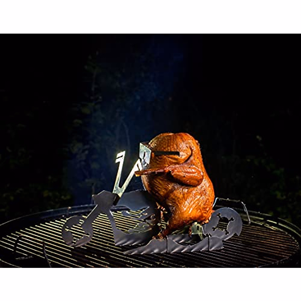 Flaming Bike Beer Can Chicken Stand! Beer chicken roaster; Stainless steel Chicken roasting rack for BBQ, Grill, oven; Great Gift! Stores flat--Space Saver! Includes SUNGLASSES…for the Chicken!