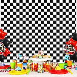 WovWeave 2 Pack Race Car Backdrops Birthday Party Decorations Checkered Backdrop Black and White Foil Fringe Curtains for Race Car Birthday Fast Wheels Lightning Party Decoration Banner Photo Prop