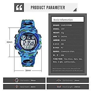 Tonnier Watch Kids Sports Watch Multi Function Digital Watches Colorful LED Display Waterproof Wristwatches for Children with PU Band Blue