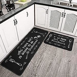 Faptoena Black Kitchen Rugs and Mats Sets of 2, Funny Kitchen Decoration Rubber Backing Non-Slip Absorbent Mats for Sink Waterproof Runner Rug for Laundry Room 17x30+17x48inch