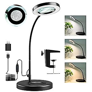 HITTI 10X Magnifying Glass with Light and Stand, 2- in- 1 Flexible Gooseneck Magnifying Desk Lamp & Clamp, 3 Modes Dimmable Hands Free LED Lighted Magnifier for Close Work Workbench Crafts Reading