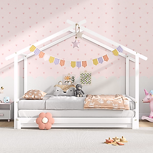 Giantex Wood House Bed for Kids, Twin to King Extendable Daybed with Roof & Fence Rails, Kids Bed for Teens, Boys & Girls, Twin Floor Day Bed, No Box Spring Needed, White