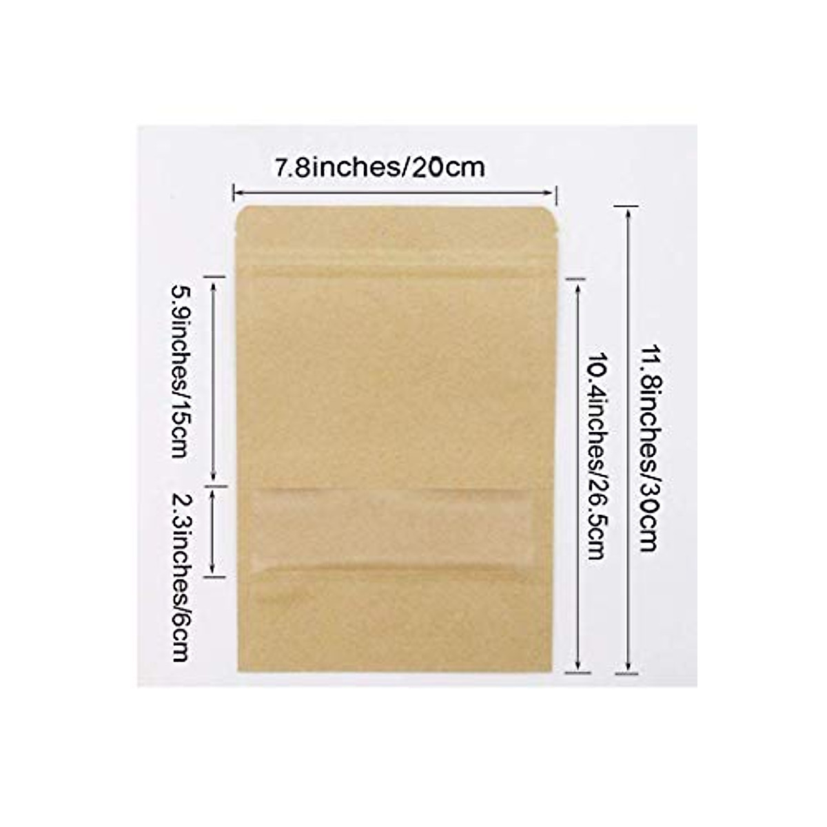 Kraft Zip Lock Stand Up Food Bags Pouches with Notch and Matte Window for Storing Cookie, Dried Foods, Snack (100 Pcs, 11.8" x 7.8")