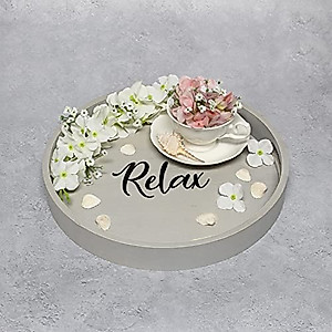 Elegant Designs HG2013-GYX Bathroom Bedroom Decorative 13.75" Round Wood Serving Tray w/ Handles, Gray Wash Relax