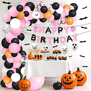 Halloween Pink Birthday Party Decorations Balloon Arch Foil Balloon Banner Bat Hanging Swirl for Halloween Happy Boo Day Baby Shower Party Supplies