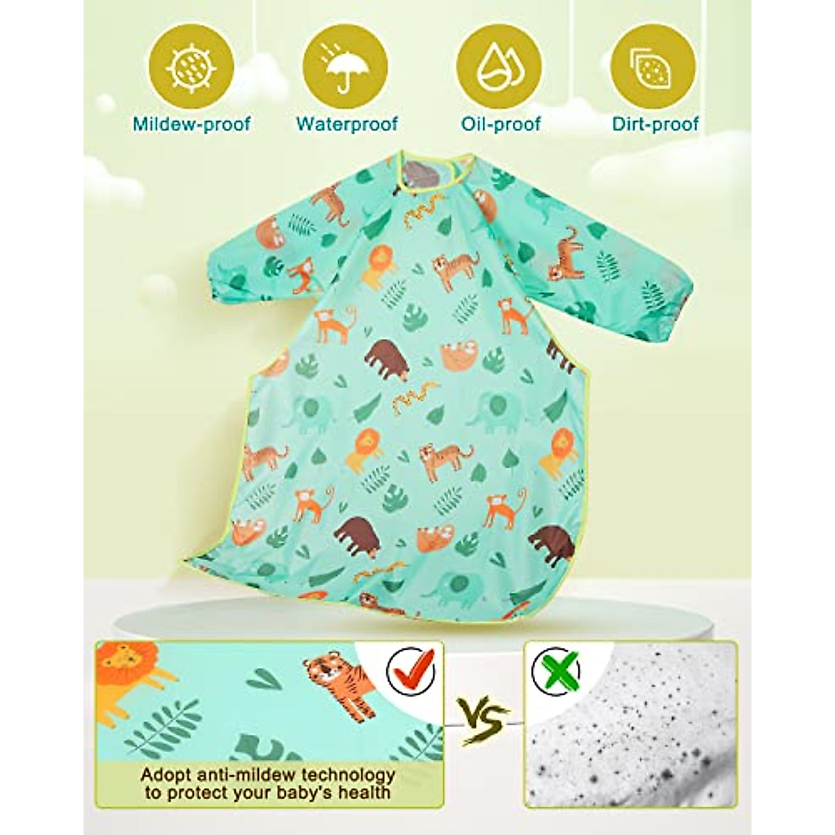 Lictin Coverall Baby Feeding Bibs - 2-Pack Long Sleeve Baby Bibs for Eating, Adjustable Weaning Bibs, Waterproof Bib Attaches and Fully Cover to Baby Highchair and Table