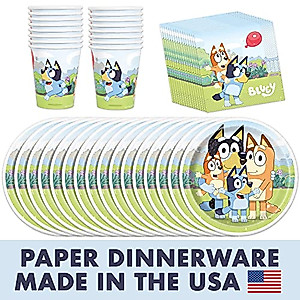 Unique Bluey Birthday Party Supplies | Bluey Party Supplies | Bluey Birthday Decorations | Bluey Party Decorations | With Bluey Tablecover, Bluey Plates, Bluey Cups, Bluey Napkins, Forks, Button