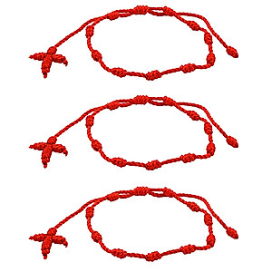 Needzo Red Knotted Rosary, Durable Twine Prayer Bracelet, Catholic Cord Jewelry Confirmation Keepsake Gift, 8 Inches Adjustable (Pack of 3)